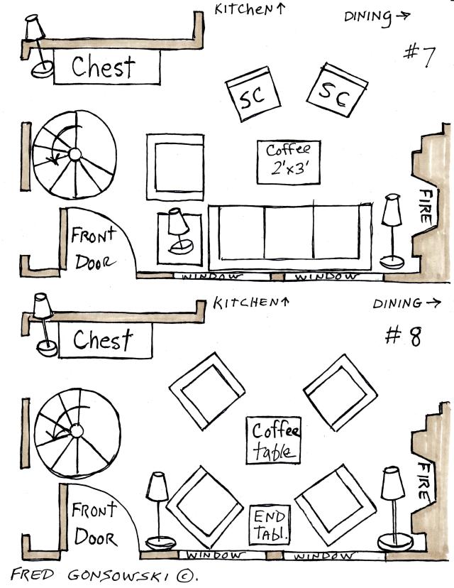 Arranging furniture in an 11 foot 6 inch by 11 foot 6 inch section of a ...
